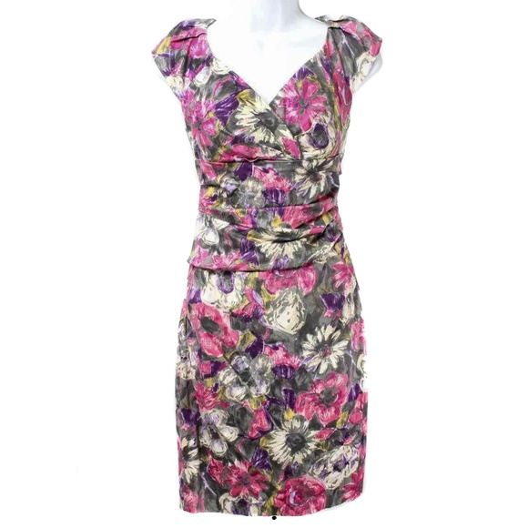 Suzi Chin | Dresses | Suzi Chin Gray Pink Floral Ruched Sheath Dress ...